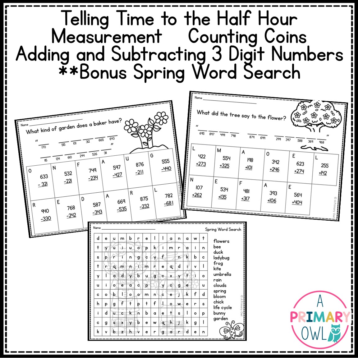April Math Worksheets Time Money Measurement 3 Digit Addition and ...