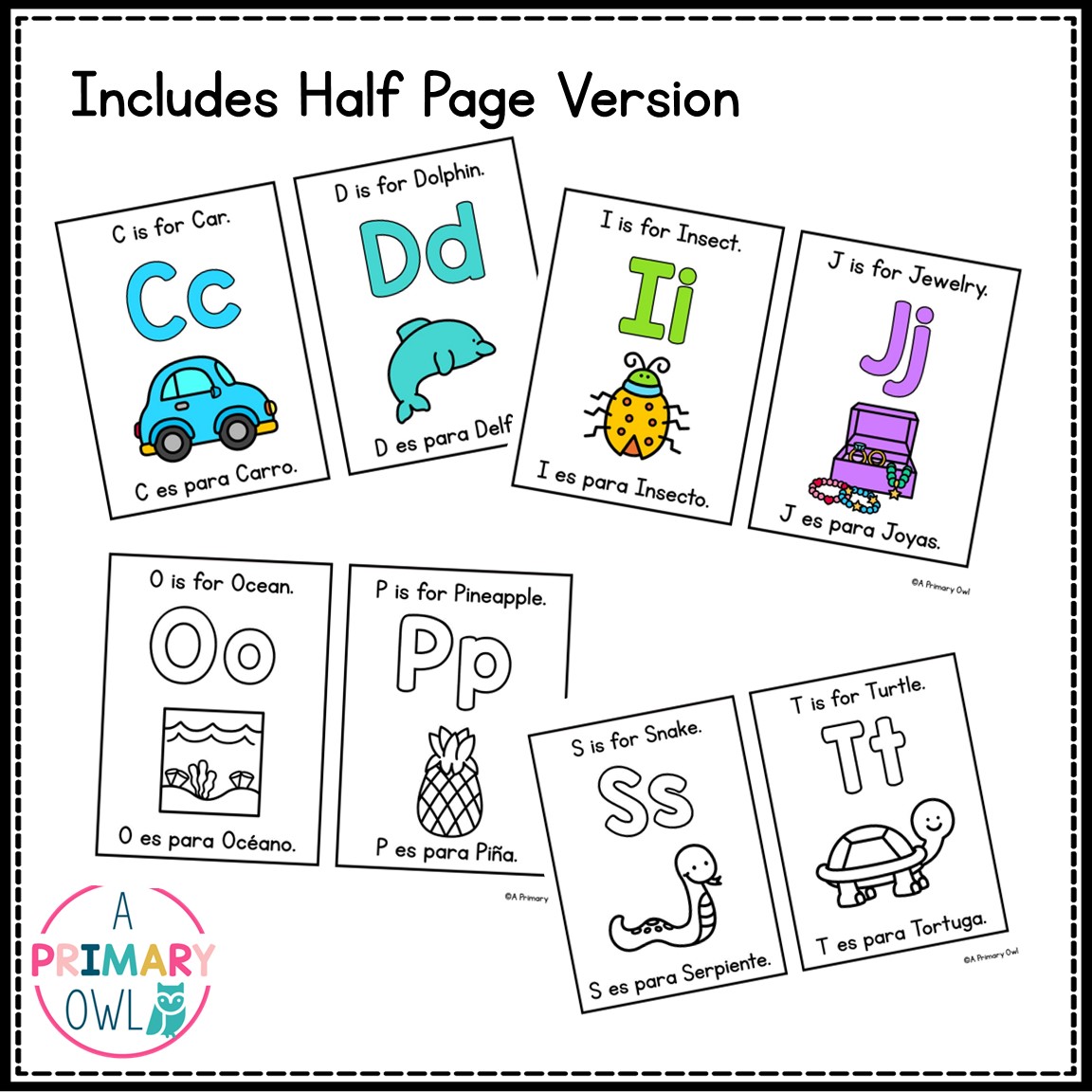 Bilingual Alphabet Cards English and Spanish | Color and B/W - A ...